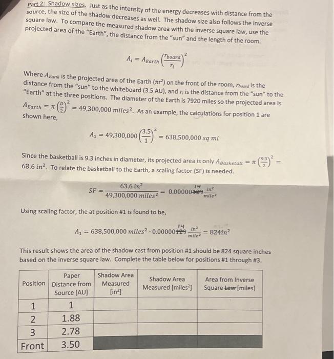 Part 2: Shadow sizes, Just as the intensity of the | Chegg.com