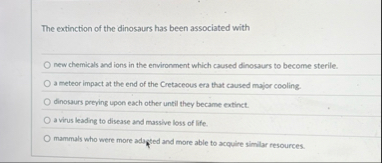 Solved The extinction of the dinosaurs has been associated | Chegg.com
