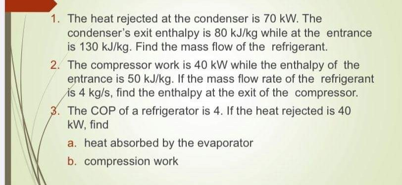 Solved 1. The heat rejected at the condenser is 70 kW. The | Chegg.com
