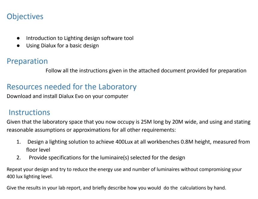 Solved Objectives - Introduction to Lighting design software | Chegg.com