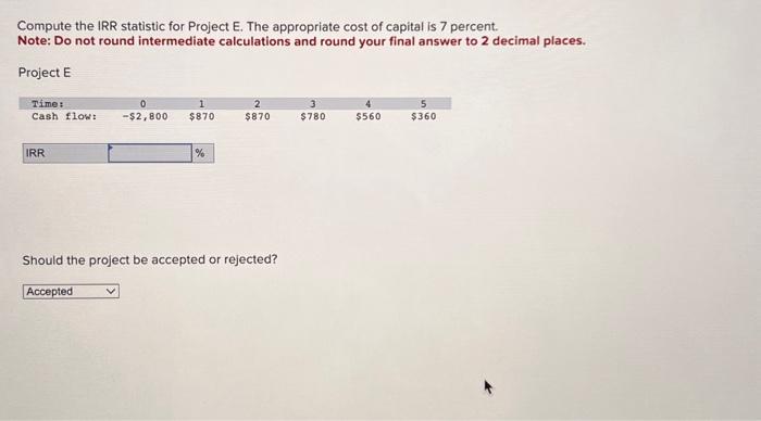 Solved Compute the IRR statistic for Project E. The | Chegg.com
