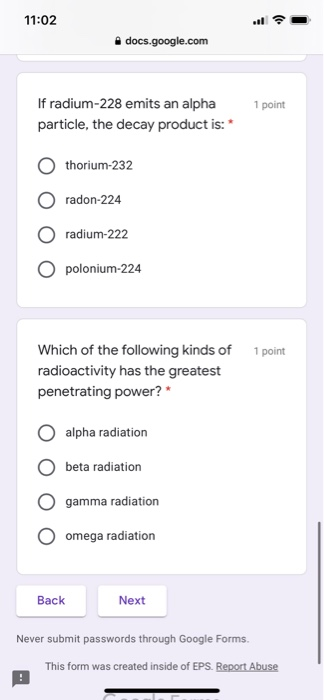 Solved 11:02 . docs.google.com 1 point If radium-228 emits | Chegg.com