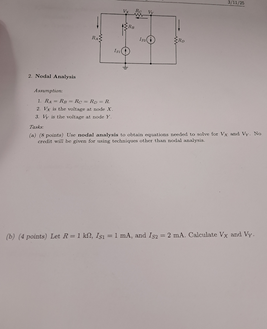 Solved 311?252. ﻿Nodal AnalysisAssumption:RA=RB=RC=RD=R.Vx | Chegg.com