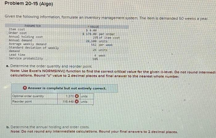Solved Problem 20-15 (Algo) Given the following information, | Chegg.com