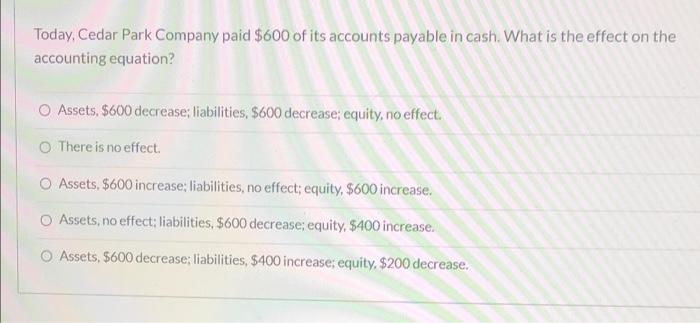 Solved Today, Cedar Park Company paid $600 of its accounts | Chegg.com