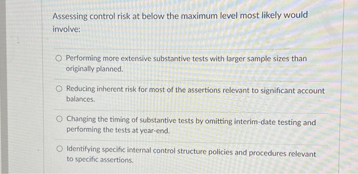 Solved Assessing control risk at below the maximum level | Chegg.com