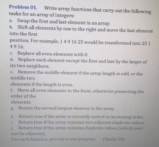 Solved Problem 01. Write array functions that carry out the | Chegg.com