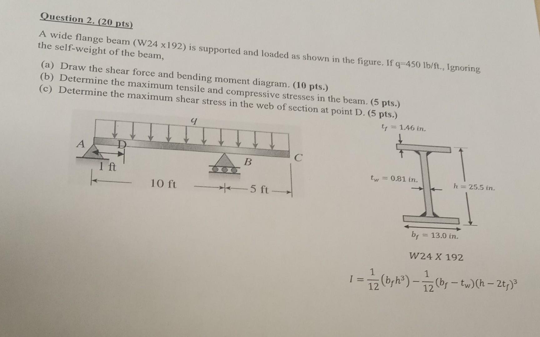 Solved Question 2. (20 pts) A wide flange beam (W24 x 192) | Chegg.com