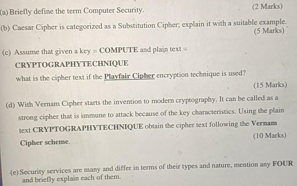 Solved (d) With Vernam Cipher starts the invention to modern | Chegg.com