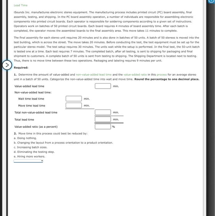 Solved Lead Time ISounds Inc. manufactures electronic stereo | Chegg.com