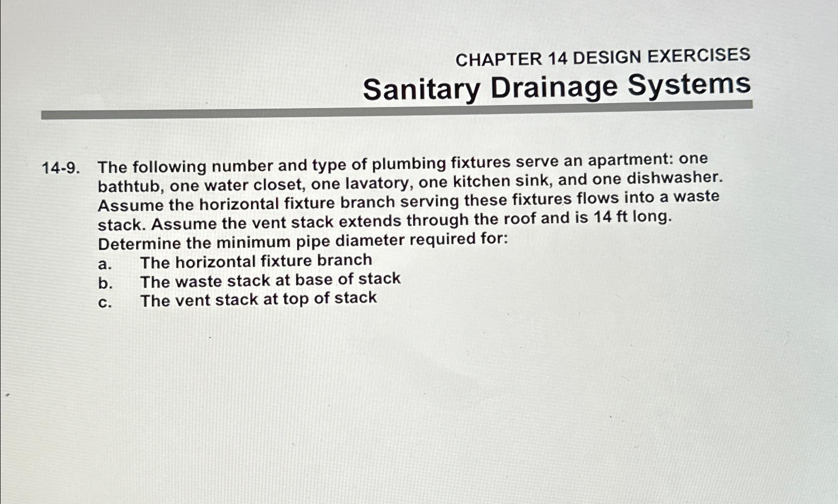 Solved CHAPTER 14 ﻿DESIGN EXERCISES Sanitary Drainage | Chegg.com