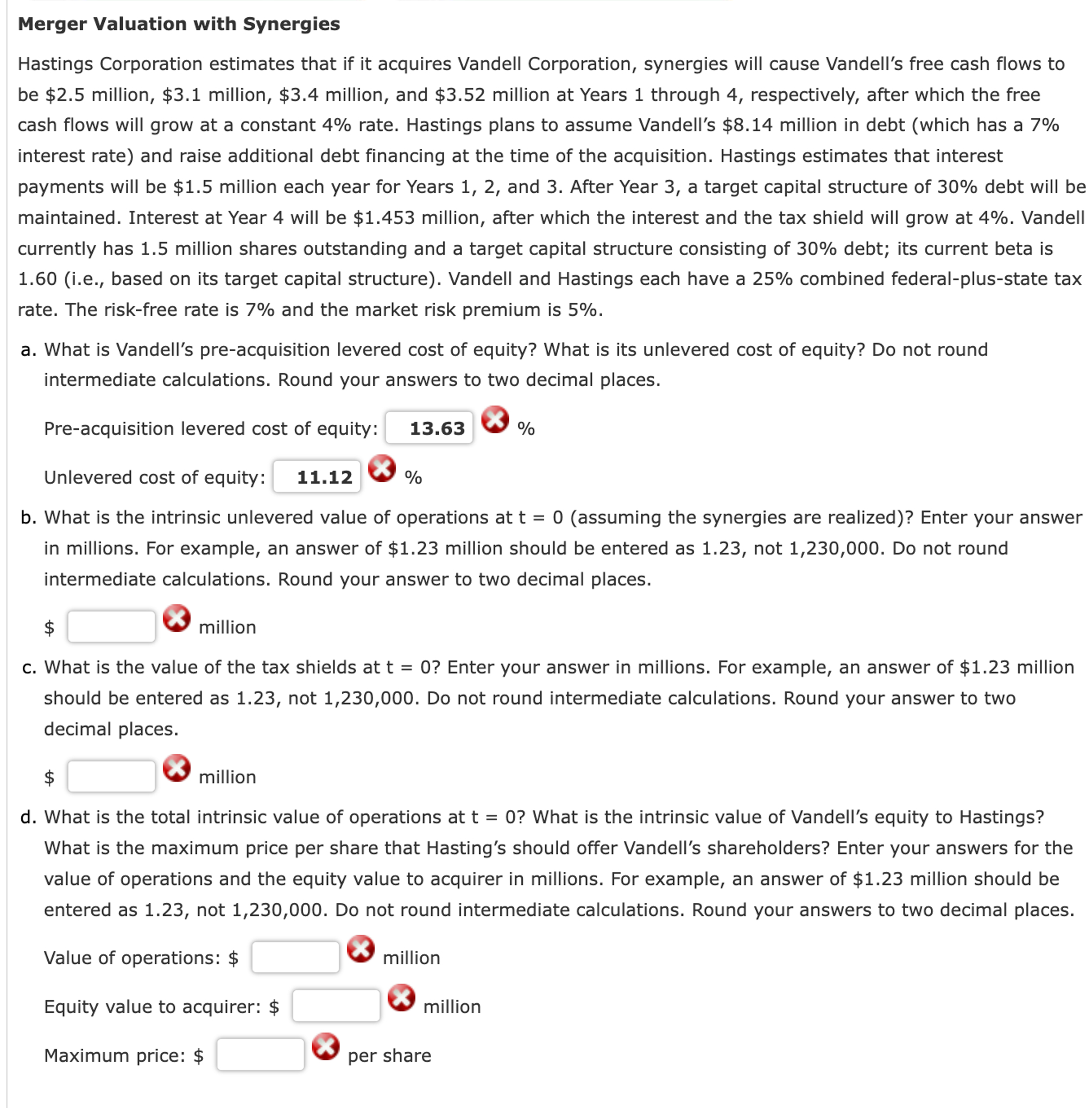 Solved Merger Valuation with SynergiesHastings Corporation | Chegg.com
