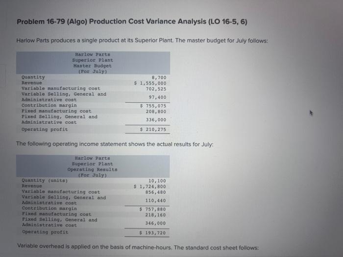 Solved Problem 16-79 (Algo) Production Cost Variance | Chegg.com