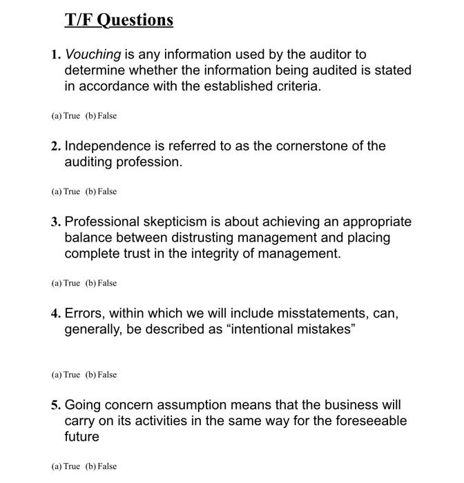 Solved T/F Questions 1. Vouching is any information used by | Chegg.com