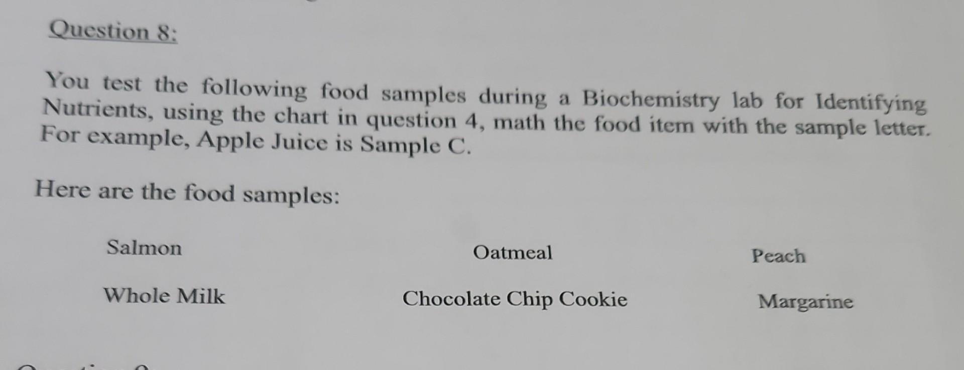 Solved Question 8: You test the following food samples | Chegg.com