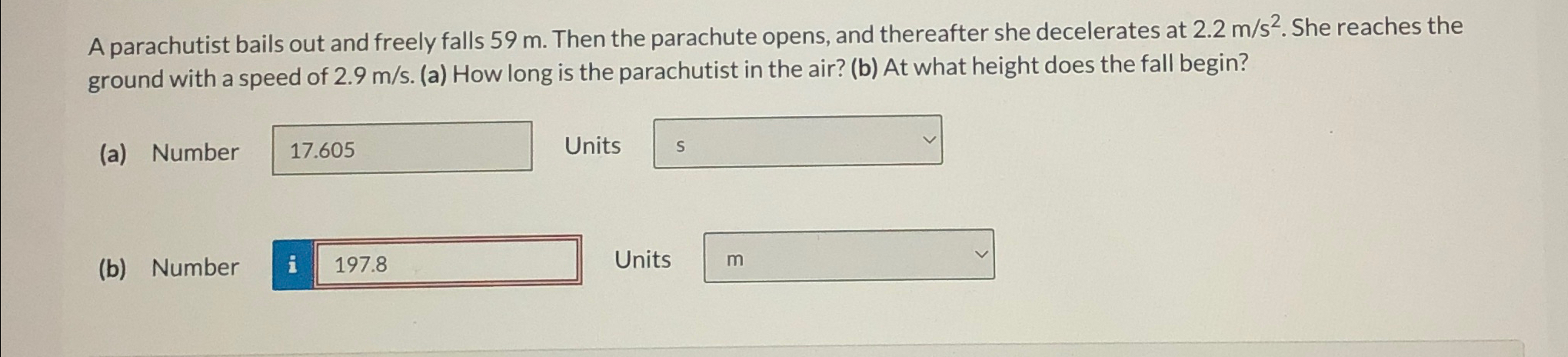 Solved A parachutist bails out and freely falls 59m. ﻿Then | Chegg.com