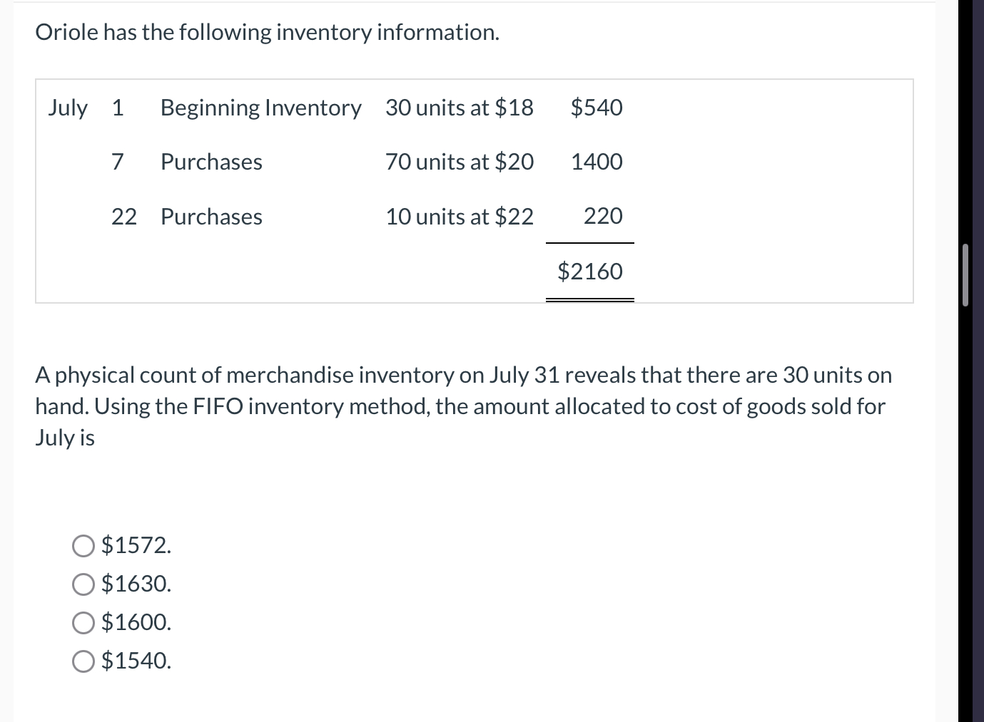 Solved Oriole has the following inventory | Chegg.com