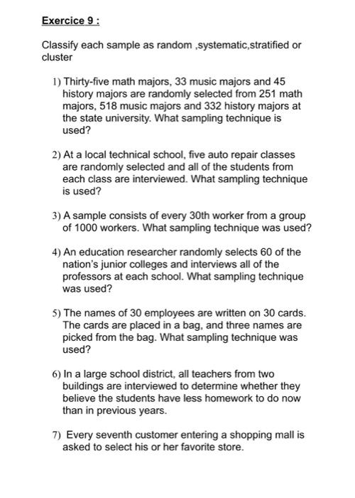 Solved Exercice 9 : Classify each sample as random | Chegg.com