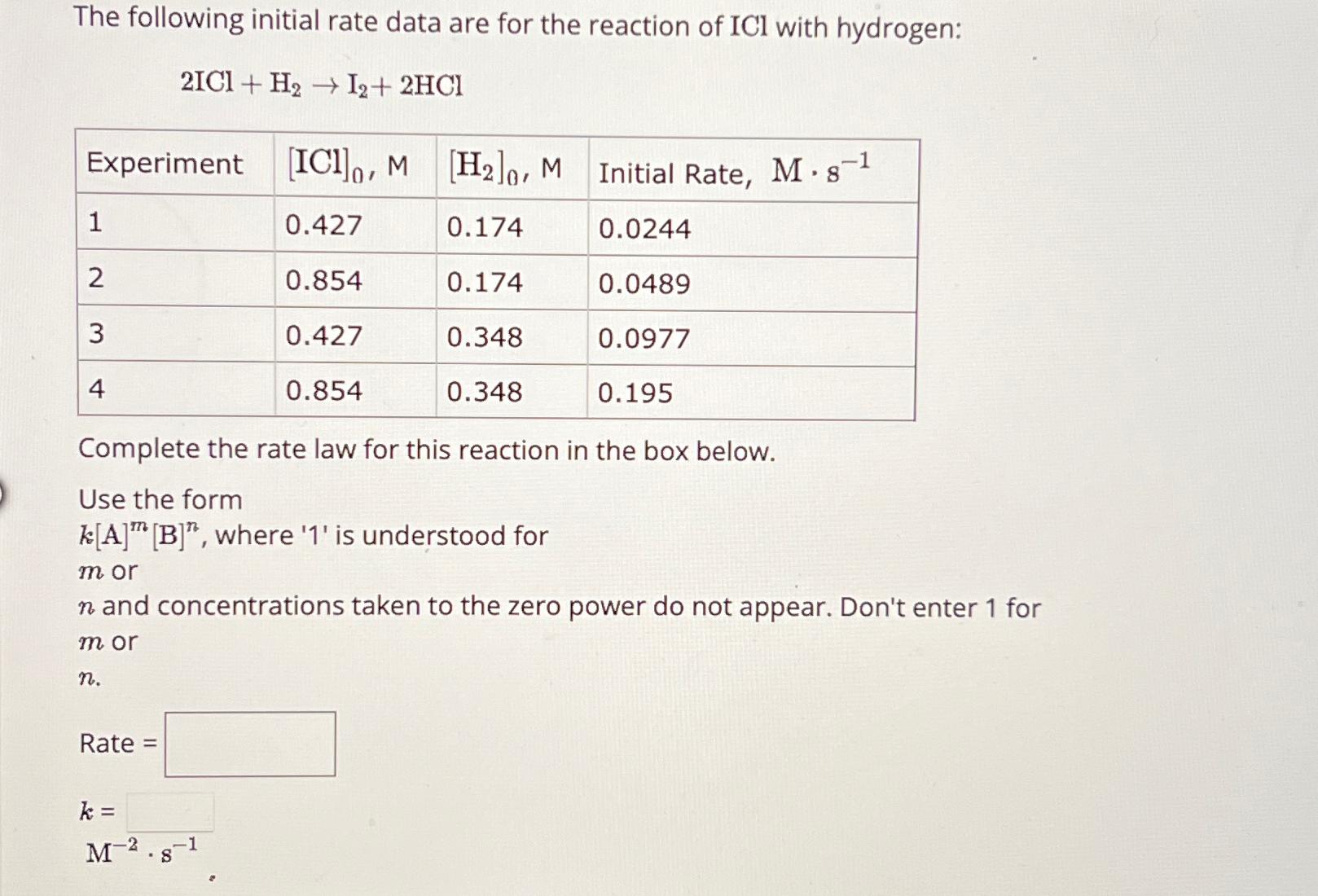 Solved The following initial rate data are for the reaction | Chegg.com