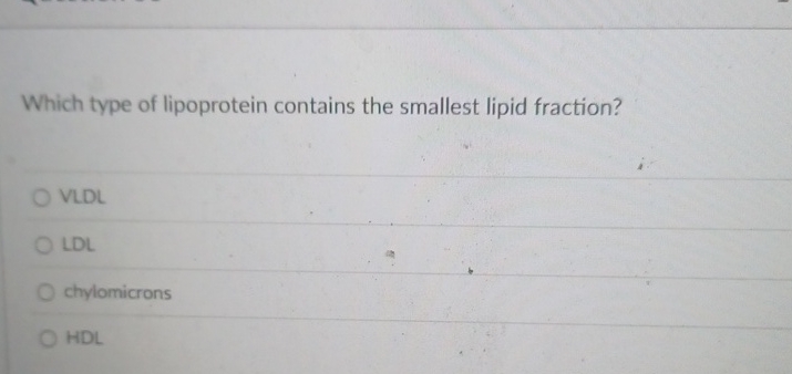 Solved Which type of lipoprotein contains the smallest lipid | Chegg.com