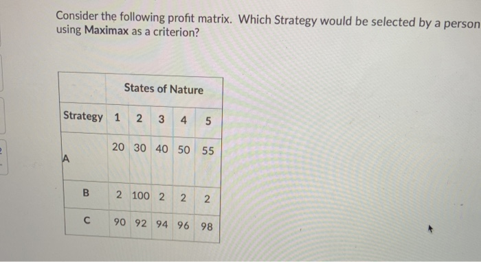 Solved Consider the following profit matrix. Which Strategy | Chegg.com