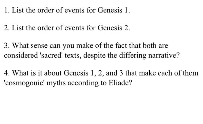 Solved 1. List the order of events for Genesis 1. . 2. List | Chegg.com