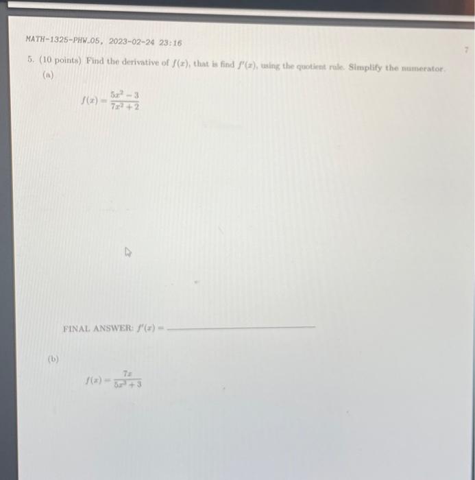 Solved 5. (10 points) Find the derivative of f(x), that is | Chegg.com