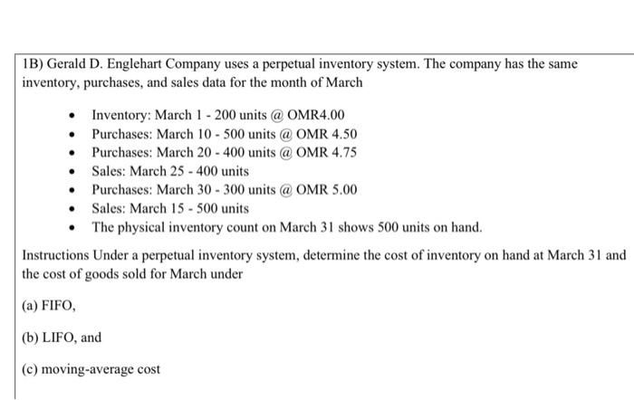 Solved IB) Gerald D. Englehart Company uses a perpetual | Chegg.com