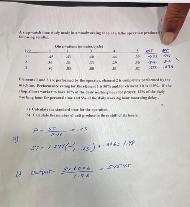 Solved A stop-watch time study made in a woodworking shop of | Chegg.com