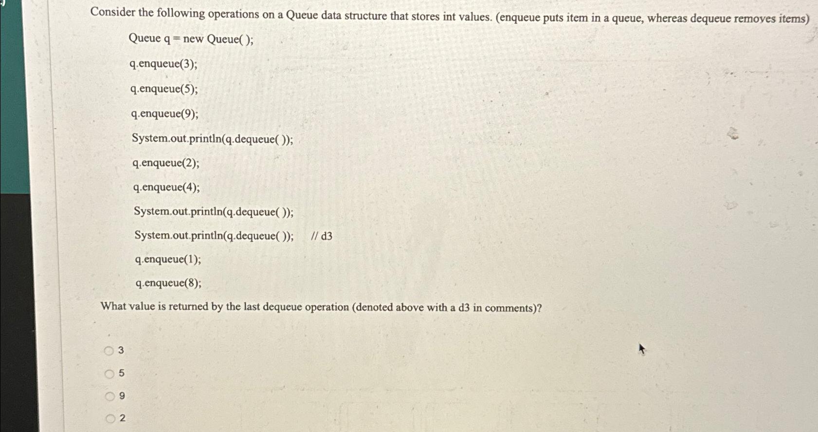 Solved Consider the following operations on a Queue data | Chegg.com
