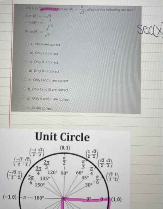 Solved If θ is in Quadrant 2 ing sec(θ)=32. Which of the | Chegg.com