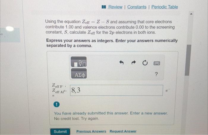Using the equation Zeff =Z−S and assuming that core | Chegg.com