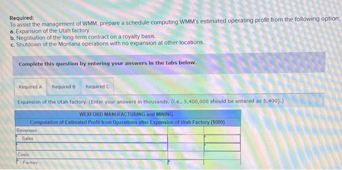 Solved Wexford Manufacturing and Mining (WMM) operates | Chegg.com