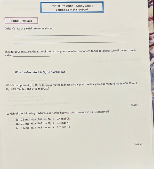 Solved Partial Pressure - Study Guide section 5.6 in the | Chegg.com