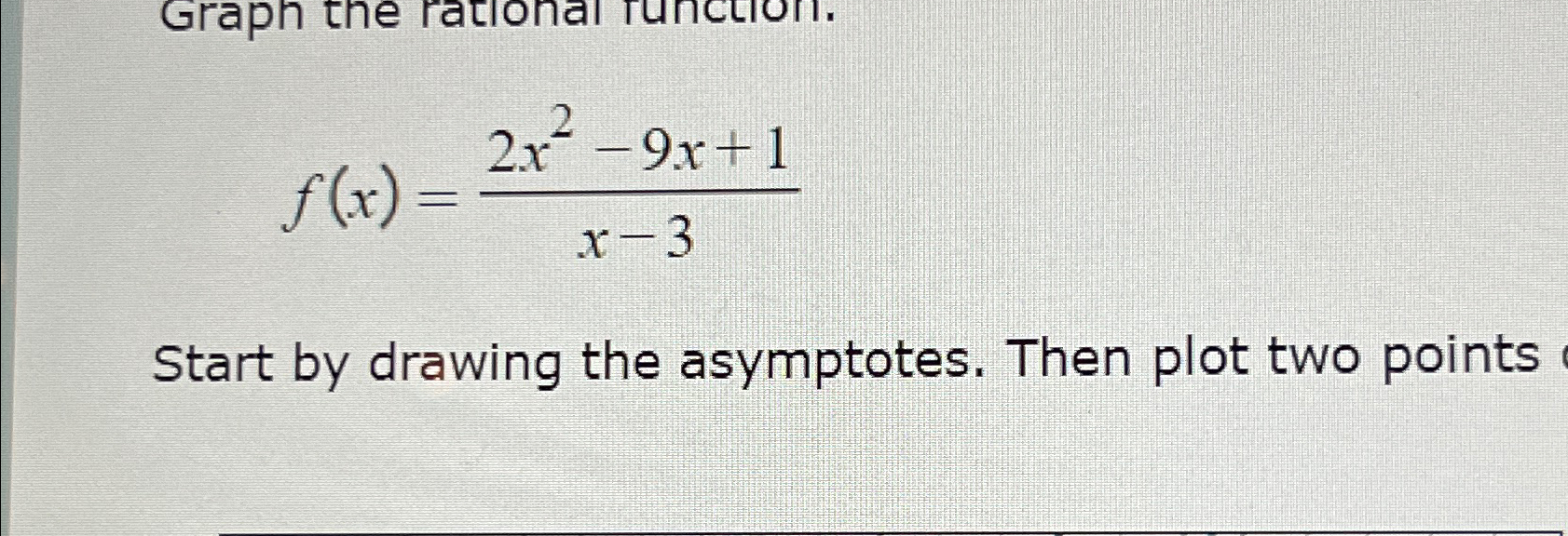 Solved f(x)=2x2-9x+1x-3Start by drawing the asymptotes. Then | Chegg.com