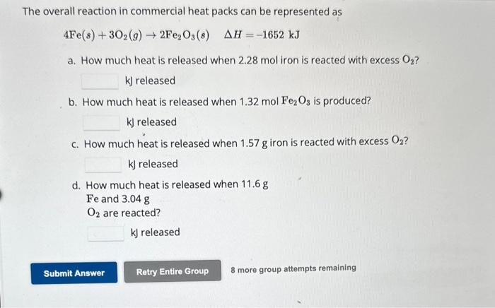 Solved The overall reaction in commercial heat packs can be | Chegg.com