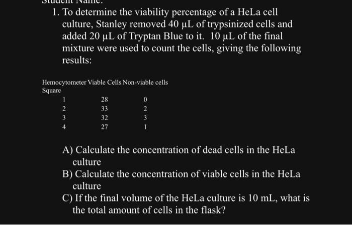 Solved 1. To determine the viability percentage of a HeLa | Chegg.com