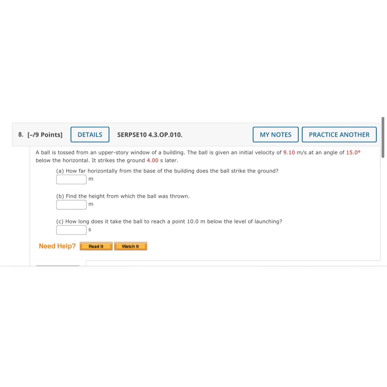 Solved [-/9 ﻿Points]SERPSE10 4.3.OP.010.A ball is tossed | Chegg.com