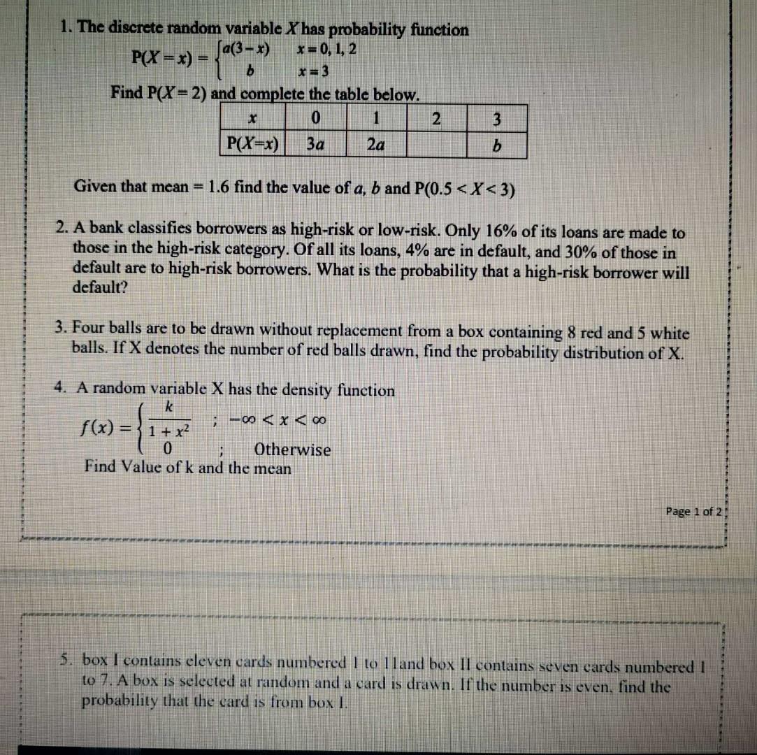 Solved 1. The discrete random variable X has probability | Chegg.com