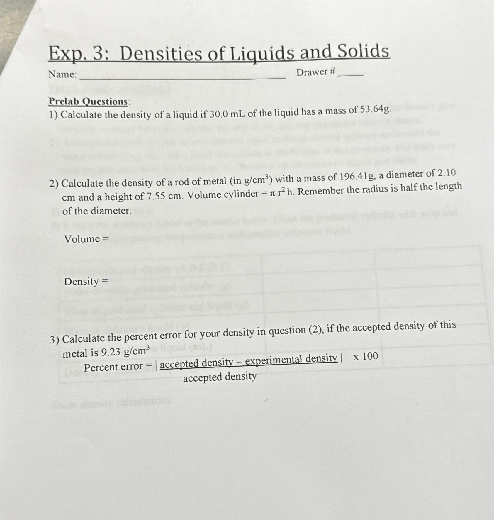 Solved Exp. 3: Densities of Liquids and | Chegg.com