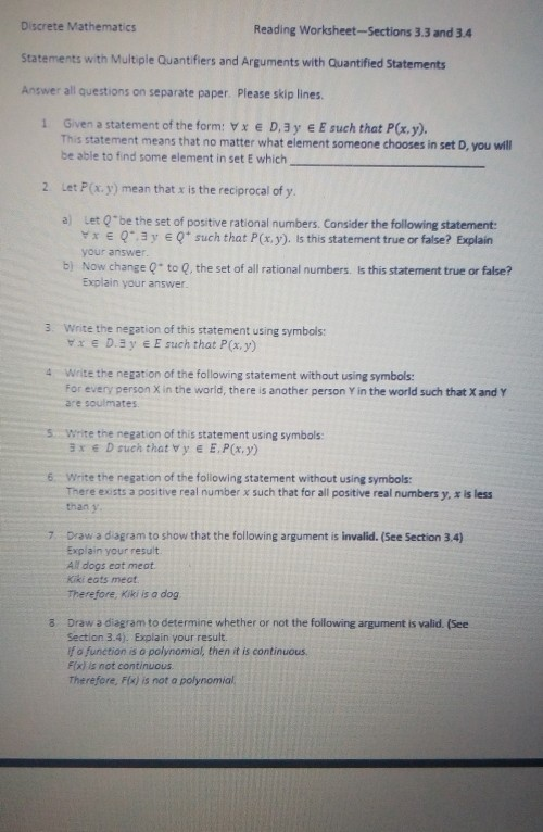 Solved Discrete Mathematics Reading Worksheet --Sections 3.3 | Chegg.com