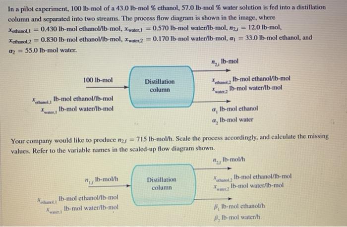 Solved In a pilot experiment, 100 lb-mol of a 43.0 lb-mol % | Chegg.com