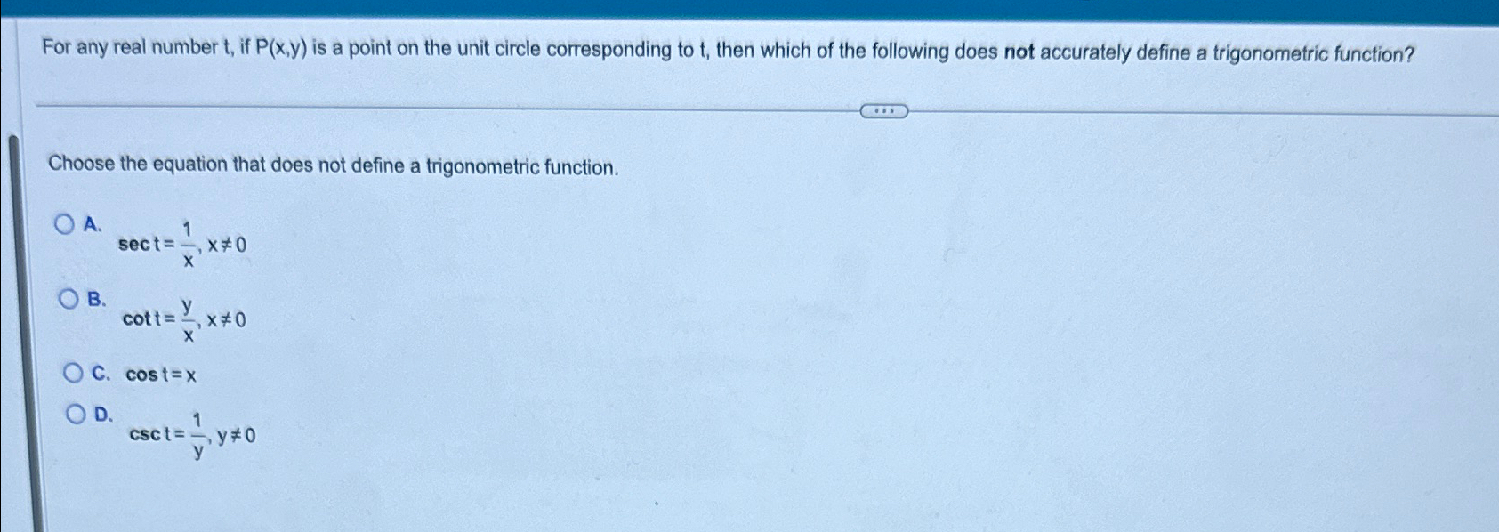 Solved For any real number t, ﻿if P(x,y) ﻿is a point on the | Chegg.com