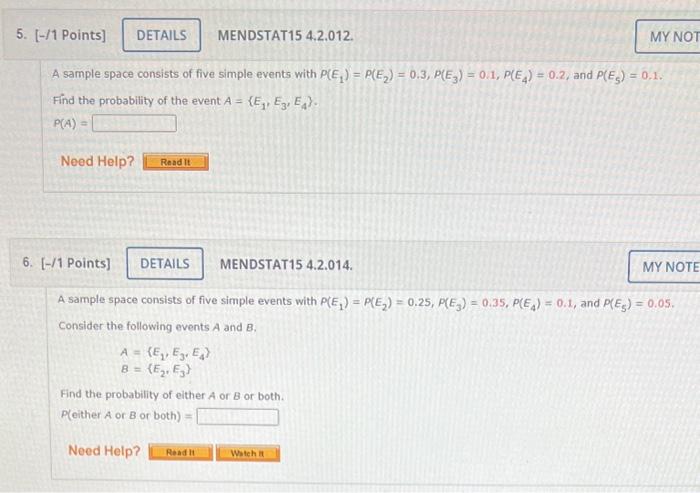 Solved A sample space consists of five simple events with | Chegg.com