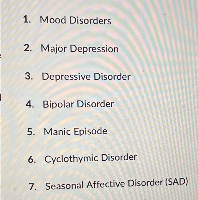 Solved 1. Mood Disorders 2. Major Depression 3. Depressive | Chegg.com