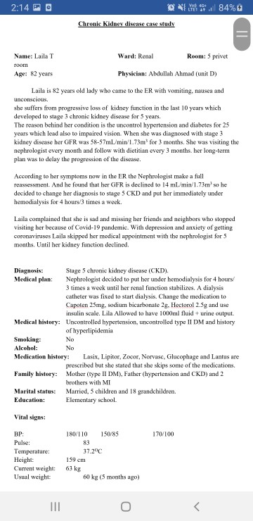 Solved Chronic Kidney disease case study Name: Laila T Room: | Chegg.com