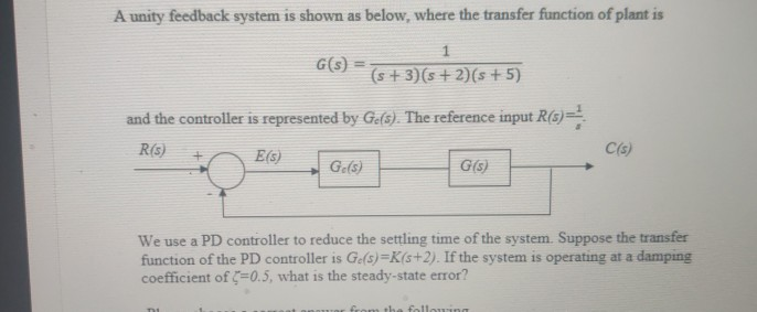 Solved A unity feedback system is shown as below, where the | Chegg.com
