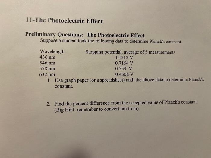 11-The Photoelectric Effect Preliminary Questions: | Chegg.com