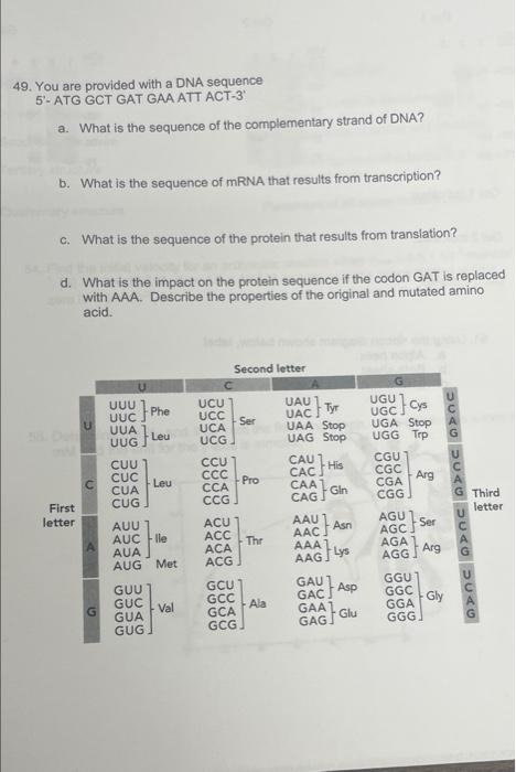 Solved 49. You are provided with a DNA sequence 5- ATG GCT | Chegg.com