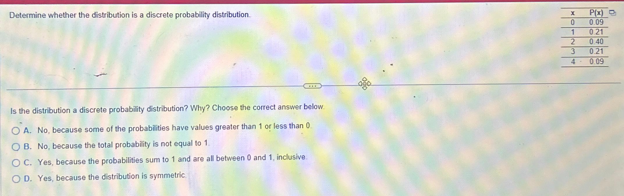 Solved Determine whether the distribution is a discrete | Chegg.com